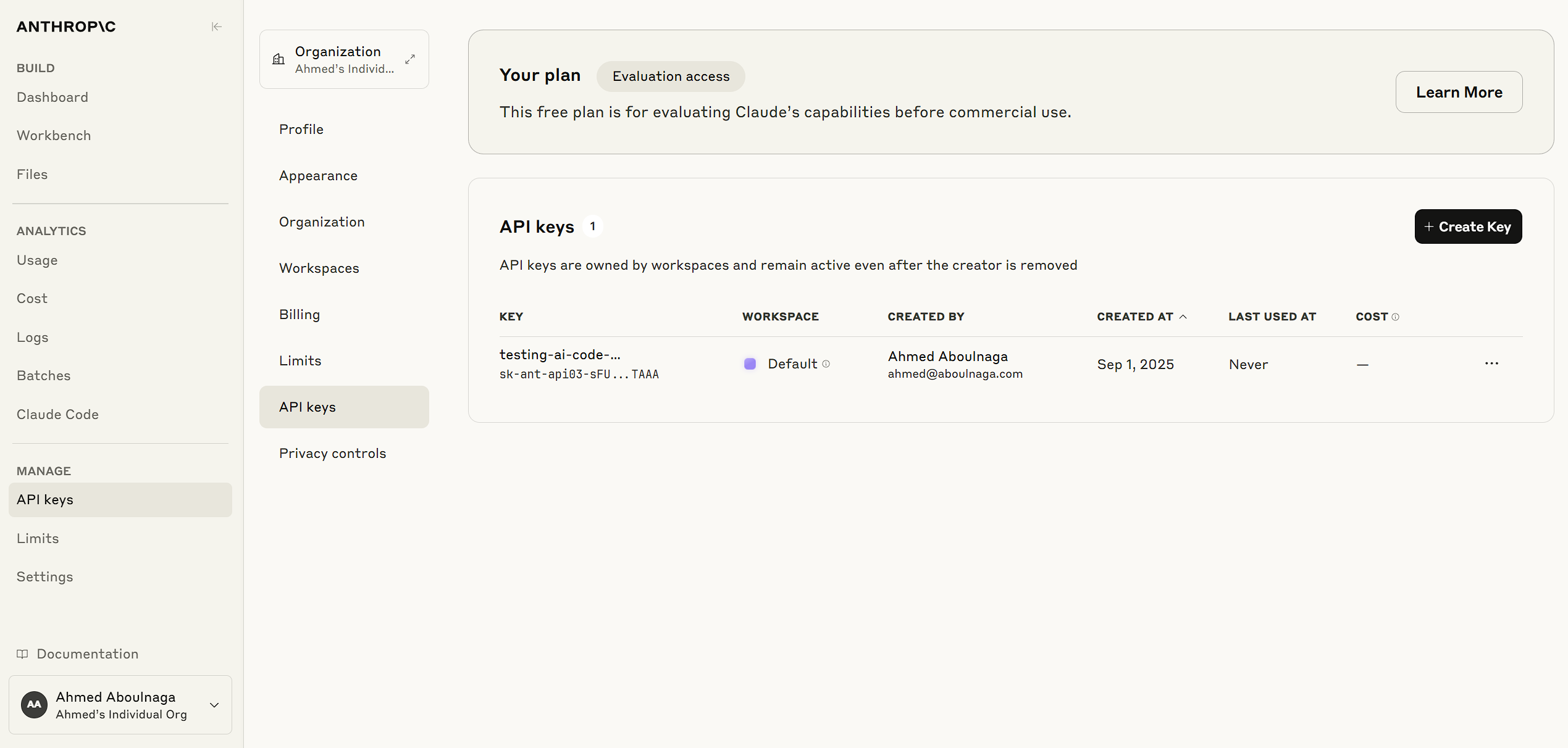 Creating an API key on Anthropic